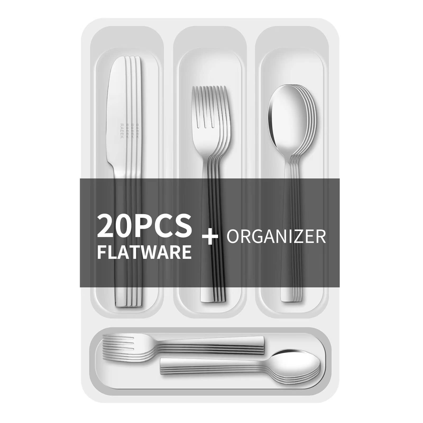 20-Piece Silverware Set with Organizer, Modern Eating Utensils Sets Service for 4, Durable Stainless Steel Flatware Set Include Fork Knife Spoon Set Hammered Cutlery Set for Home, Restaurant