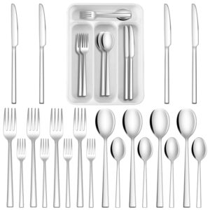 20-Piece Silverware Set with Organizer, Modern Eating Utensils Sets Service for 4, Durable Stainless Steel Flatware Set Include Fork Knife Spoon Set Hammered Cutlery Set for Home, Restaurant