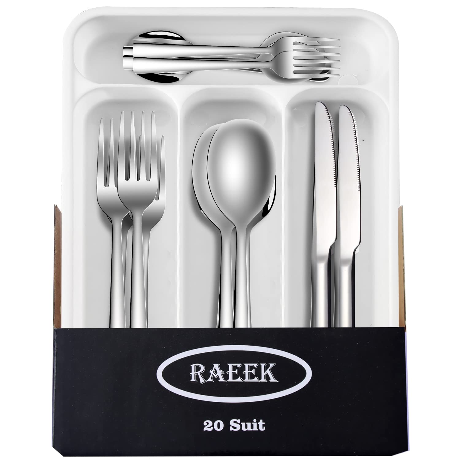 20-Piece Silverware Set with Organizer, Modern Eating Utensils Sets Service for 4, Durable Stainless Steel Flatware Set Include Fork Knife Spoon Set Hammered Cutlery Set for Home, Restaurant