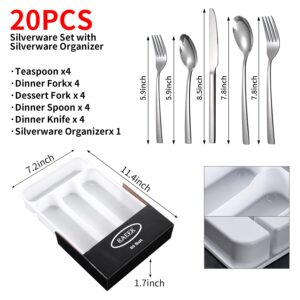 20-Piece Silverware Set with Organizer, Modern Eating Utensils Sets Service for 4, Durable Stainless Steel Flatware Set Include Fork Knife Spoon Set Hammered Cutlery Set for Home, Restaurant