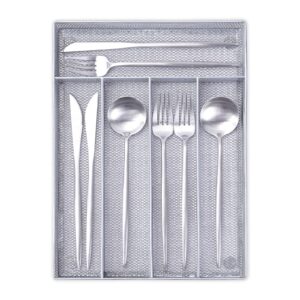 flatware organizers 5 compartments, metal mesh kitchen utensil drawer cutlery tray with 4 foam feet, silver