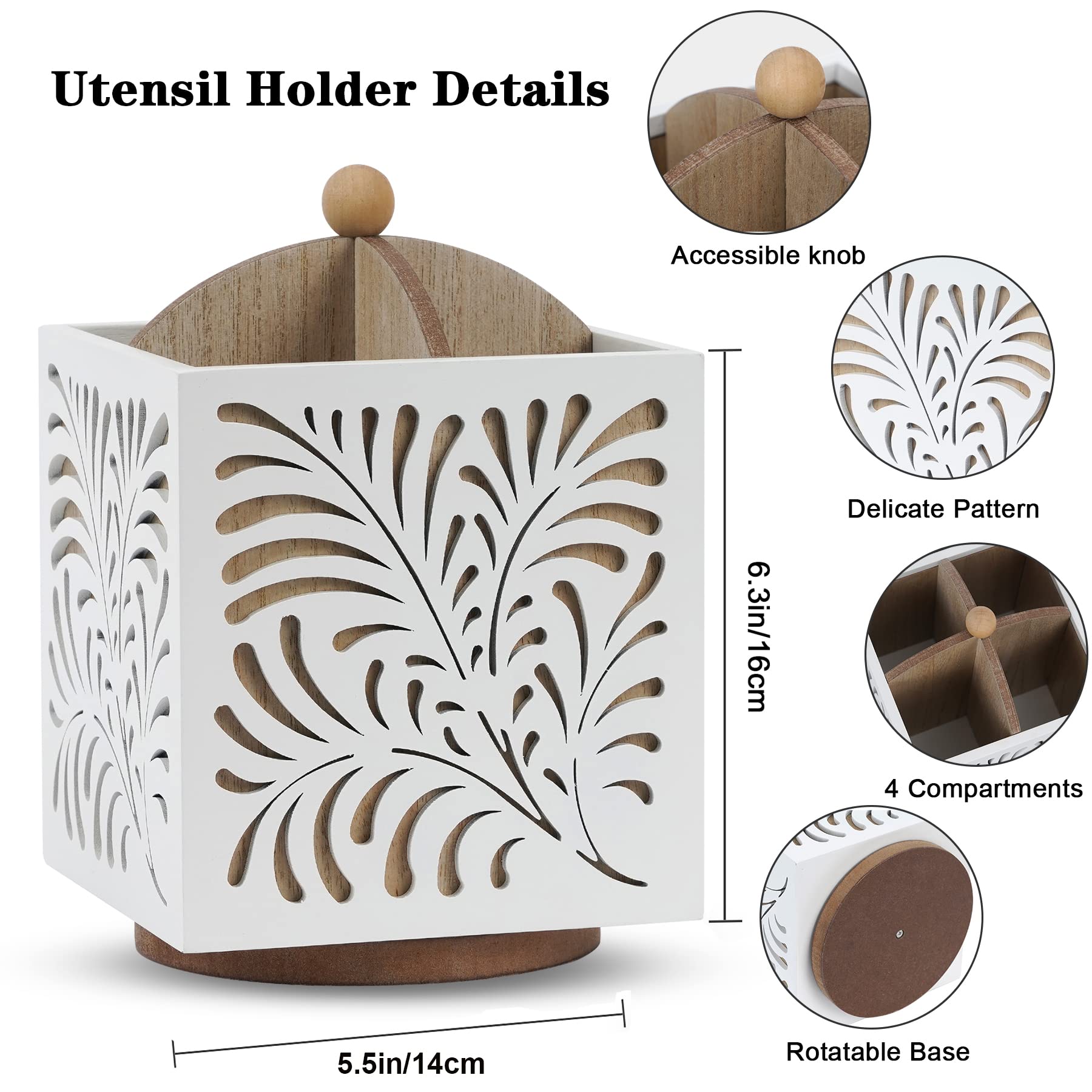 AHUONEL 360° Rotating Kitchen Utensil Holder for Countertop, Wooden Utensil Organizer Cutlery Holder, Utensil Caddy Utensil Crock, Silverware Flatware Organizer for Spoons, Knives, Forks, 5.5" x 6.3"