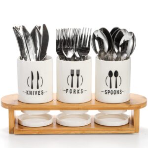 fasmov flatware holder, 3 pack silverware caddy with bamboo rack, utensil holder ceramic flatware caddy white ceramic cutlery organizer for forks, spoons, knives