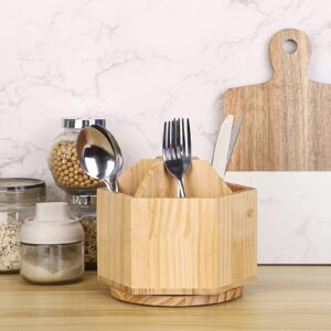 JUXYES Rotating Utensil Holder for Kitchen Countertop, Wood Utensil Organizer with Removable Divider, Rotatable Flatware Caddy Cutlery Holder Silverware Organizer for Kitchen Dining Tables