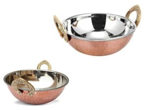 genx set of 4, indian copper serveware karahi vegetable dinner bowl with solid brass handle for indian food, diameter- 13 cm (5.2 inches)