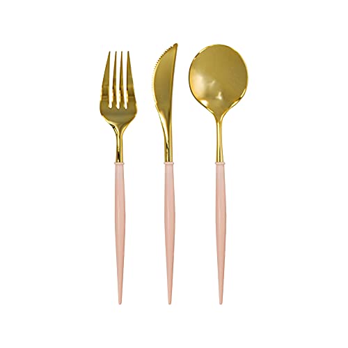 Sophistiplate Bella Flatware Cutlery Set for 12 | Fork, Spoons & Knives Silverware Utensil Set | Reusable Dinnerware Sets Plastic & Top Rack Dishwasher Safe | Gold with Blush Handle 36 Count