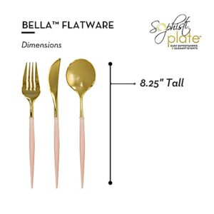 Sophistiplate Bella Flatware Cutlery Set for 12 | Fork, Spoons & Knives Silverware Utensil Set | Reusable Dinnerware Sets Plastic & Top Rack Dishwasher Safe | Gold with Blush Handle 36 Count