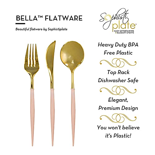 Sophistiplate Bella Flatware Cutlery Set for 12 | Fork, Spoons & Knives Silverware Utensil Set | Reusable Dinnerware Sets Plastic & Top Rack Dishwasher Safe | Gold with Blush Handle 36 Count