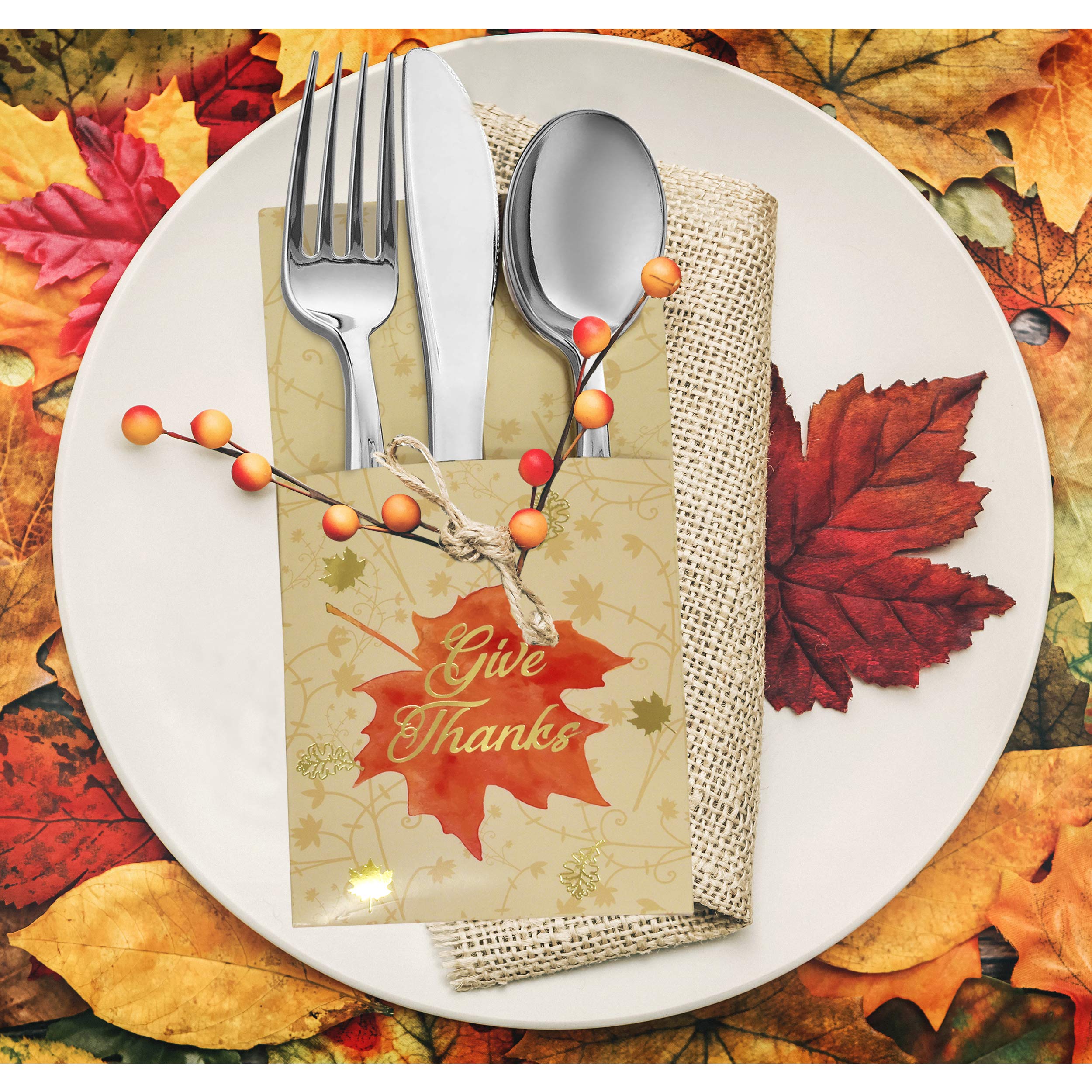 36 Thanksgiving Utensil Cutlery Holders Gold Foil with Give Thanks Maple Leaf Silverware Paper Pouch Pockets Harvest Autumn Table Place Settings Fall Tableware Party Supplies Decorations Gift Boutique