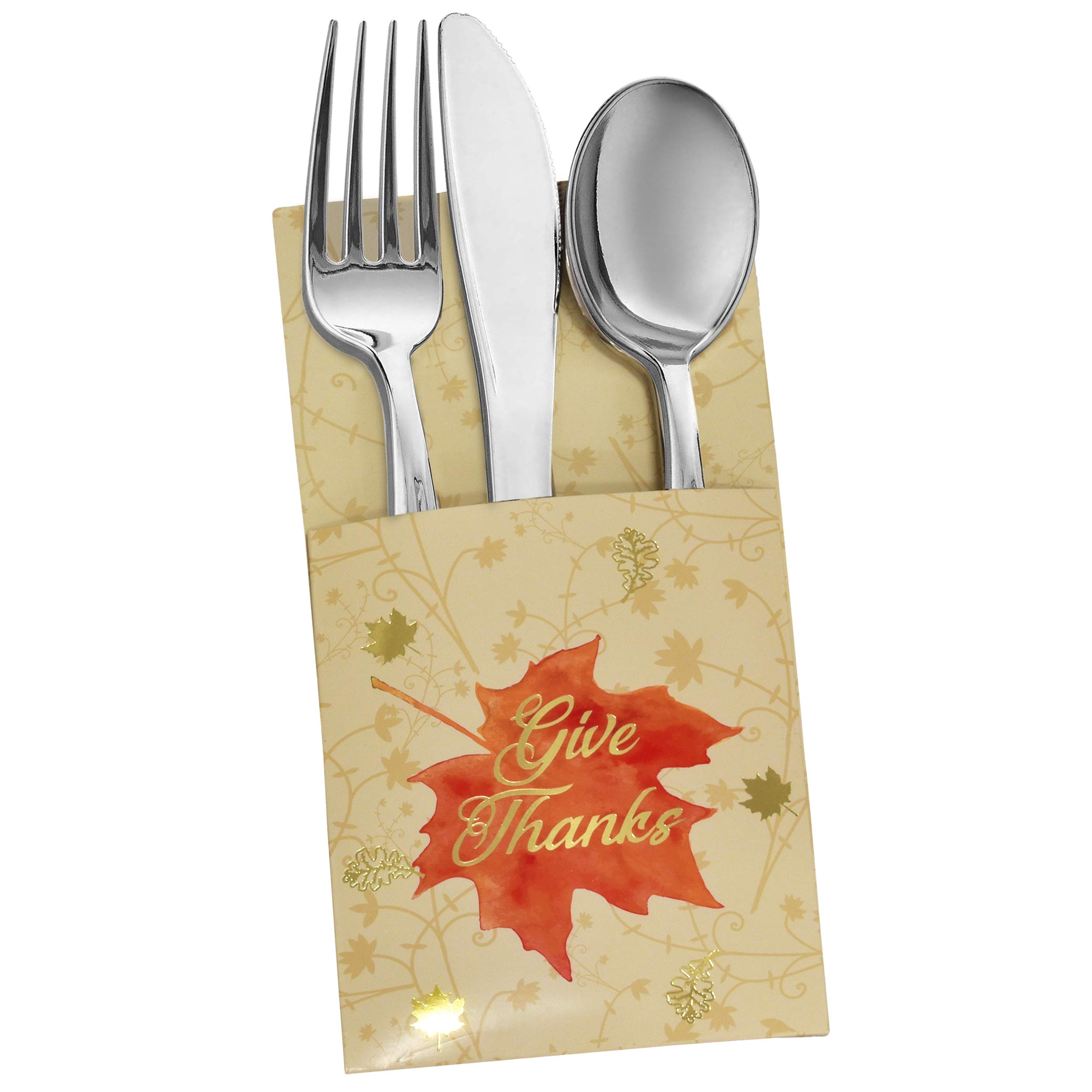 36 Thanksgiving Utensil Cutlery Holders Gold Foil with Give Thanks Maple Leaf Silverware Paper Pouch Pockets Harvest Autumn Table Place Settings Fall Tableware Party Supplies Decorations Gift Boutique