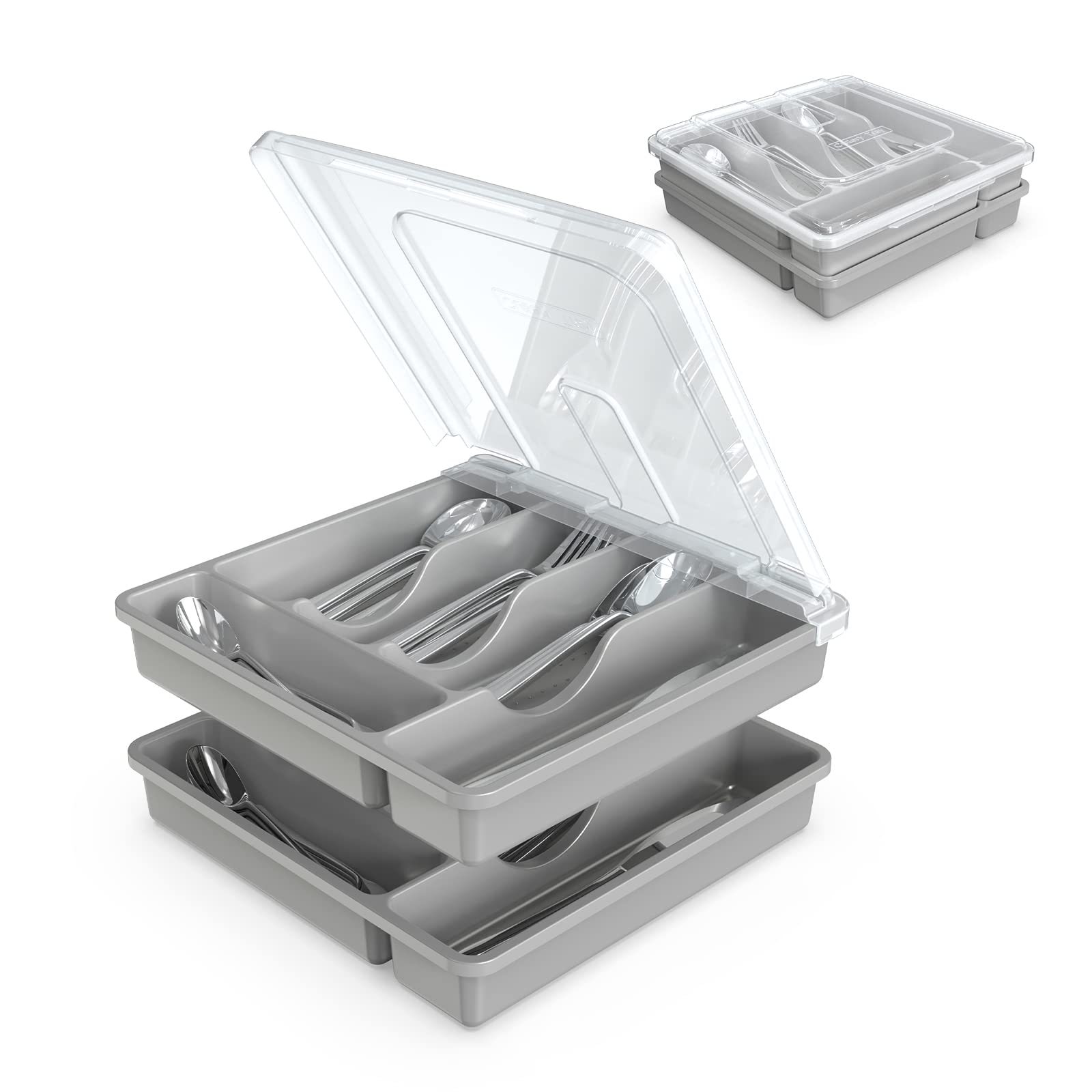 SUICGYU Silverware Organizer with Lid for Drawer, Plastic Utensil Holder for Countertop, Flatware Organizer Cutlery Tray with Cover 5 Compartments (2 Layer-Gray)