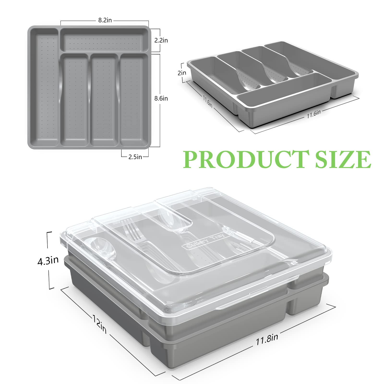 SUICGYU Silverware Organizer with Lid for Drawer, Plastic Utensil Holder for Countertop, Flatware Organizer Cutlery Tray with Cover 5 Compartments (2 Layer-Gray)