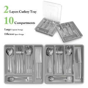 SUICGYU Silverware Organizer with Lid for Drawer, Plastic Utensil Holder for Countertop, Flatware Organizer Cutlery Tray with Cover 5 Compartments (2 Layer-Gray)