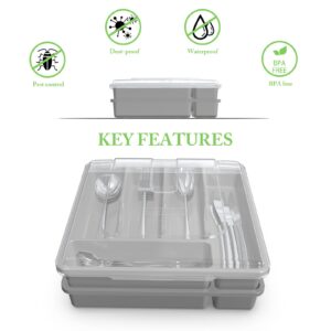 SUICGYU Silverware Organizer with Lid for Drawer, Plastic Utensil Holder for Countertop, Flatware Organizer Cutlery Tray with Cover 5 Compartments (2 Layer-Gray)