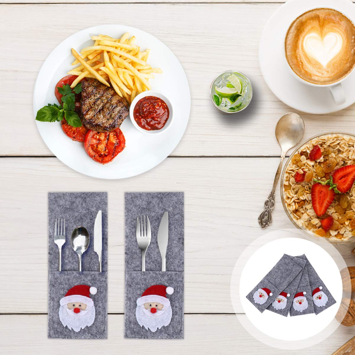 GALPADA 4Pcs Christmas Silverware Holder Pocket Tableware Cutlery Organizers Felt Xmas Santa Claus Fork Spoon Flatware Bags Christmas Dinner Table Decor