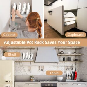 Expandable Pot and Pan Organizers Rack, 10+ Pans and Pots Lid Organizer Rack Holder Fit for Kitchen Cabinet Bakeware Organizer Rack Holder with 10 Adjustable Compartments