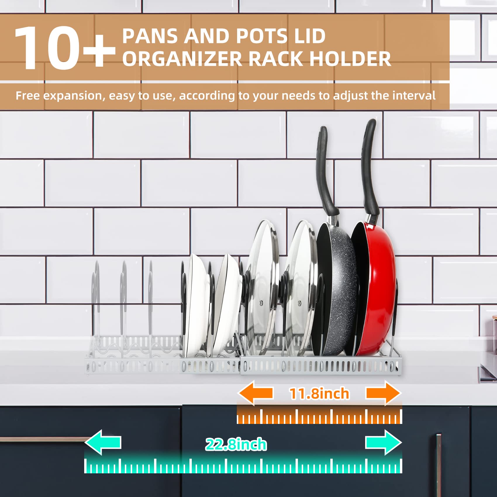 Expandable Pot and Pan Organizers Rack, 10+ Pans and Pots Lid Organizer Rack Holder Fit for Kitchen Cabinet Bakeware Organizer Rack Holder with 10 Adjustable Compartments