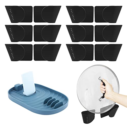 RVXlRDN 6 Pairs of Wall Mount Pot and Pan Organizer for Cabinet,with 6 pieces of 4*4 Acrylic double-sided Tape and Foldable Spatula Holder for Kitchen, Adjustable Lid (Black,Blue).(Black)