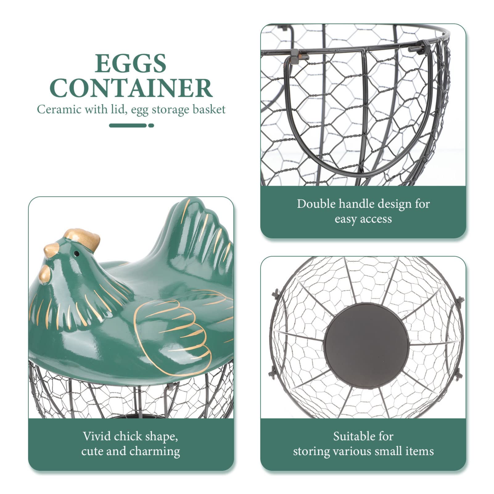 Cabilock Chicken Wire Egg Baskets Kitchen Storage Metal Wire Egg Basket with Ceramic Farm Chicken Cover Hen Shaped Eggs Storage Basket Fruits Basket Egg Organizer Case Container Black Green