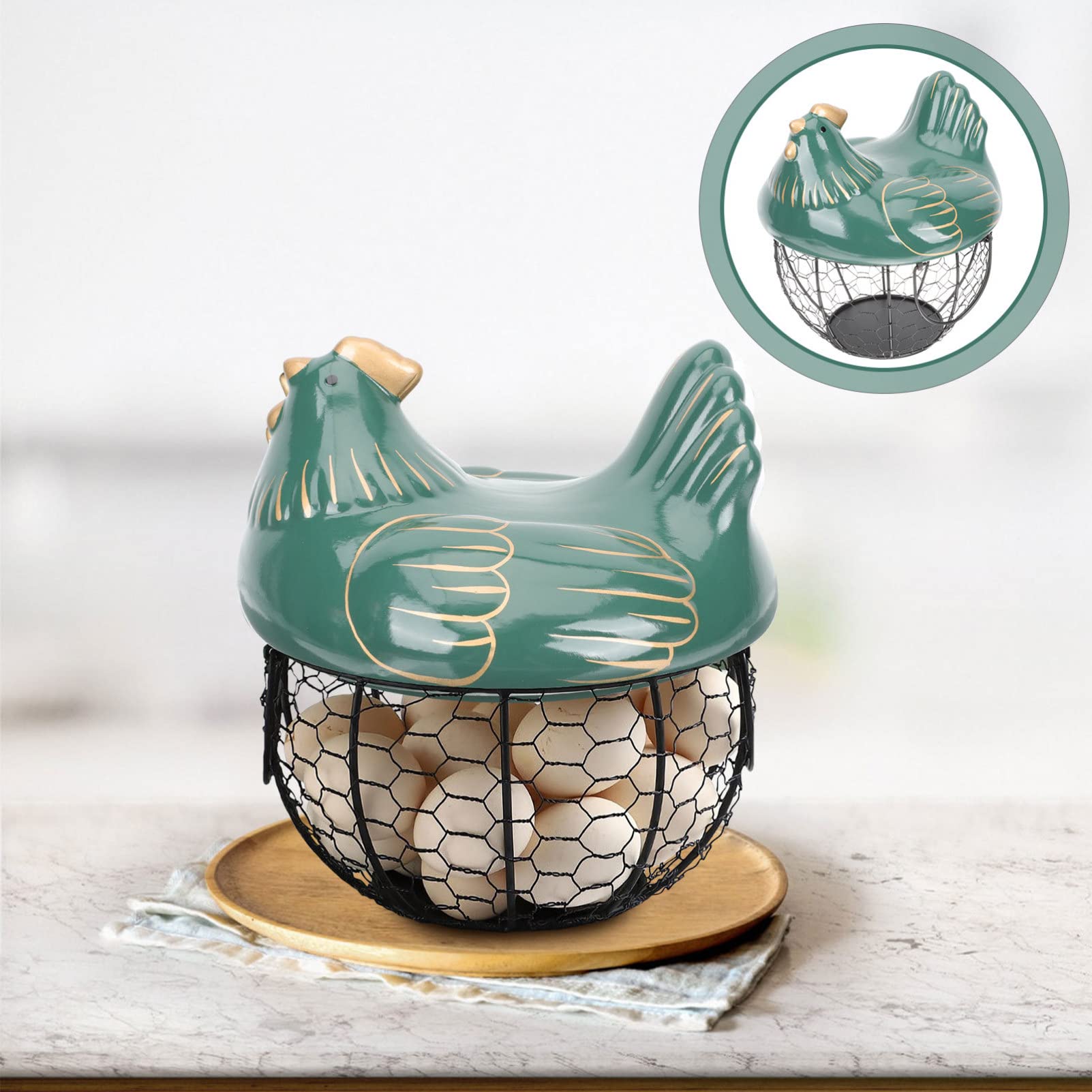 Cabilock Chicken Wire Egg Baskets Kitchen Storage Metal Wire Egg Basket with Ceramic Farm Chicken Cover Hen Shaped Eggs Storage Basket Fruits Basket Egg Organizer Case Container Black Green