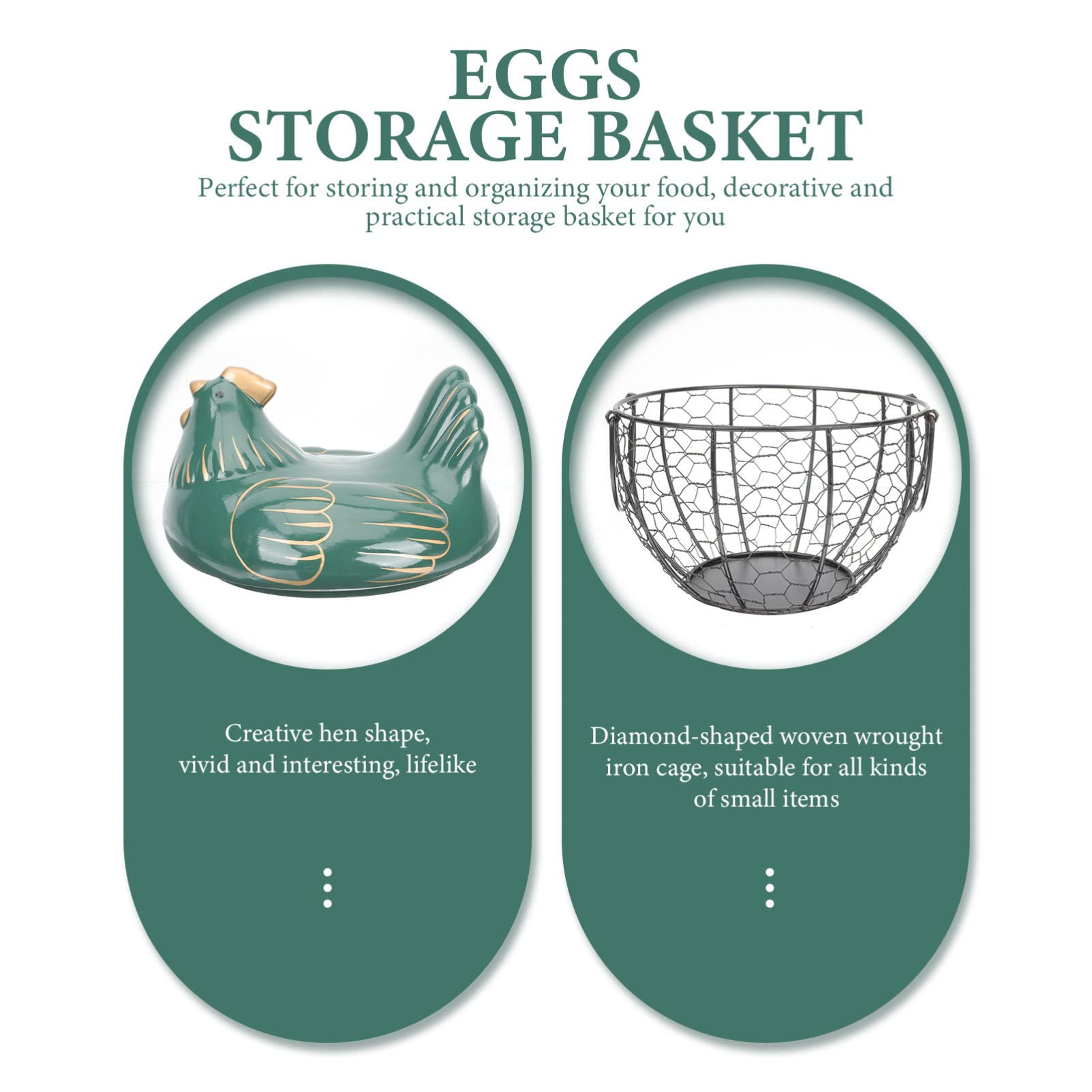 Cabilock Chicken Wire Egg Baskets Kitchen Storage Metal Wire Egg Basket with Ceramic Farm Chicken Cover Hen Shaped Eggs Storage Basket Fruits Basket Egg Organizer Case Container Black Green