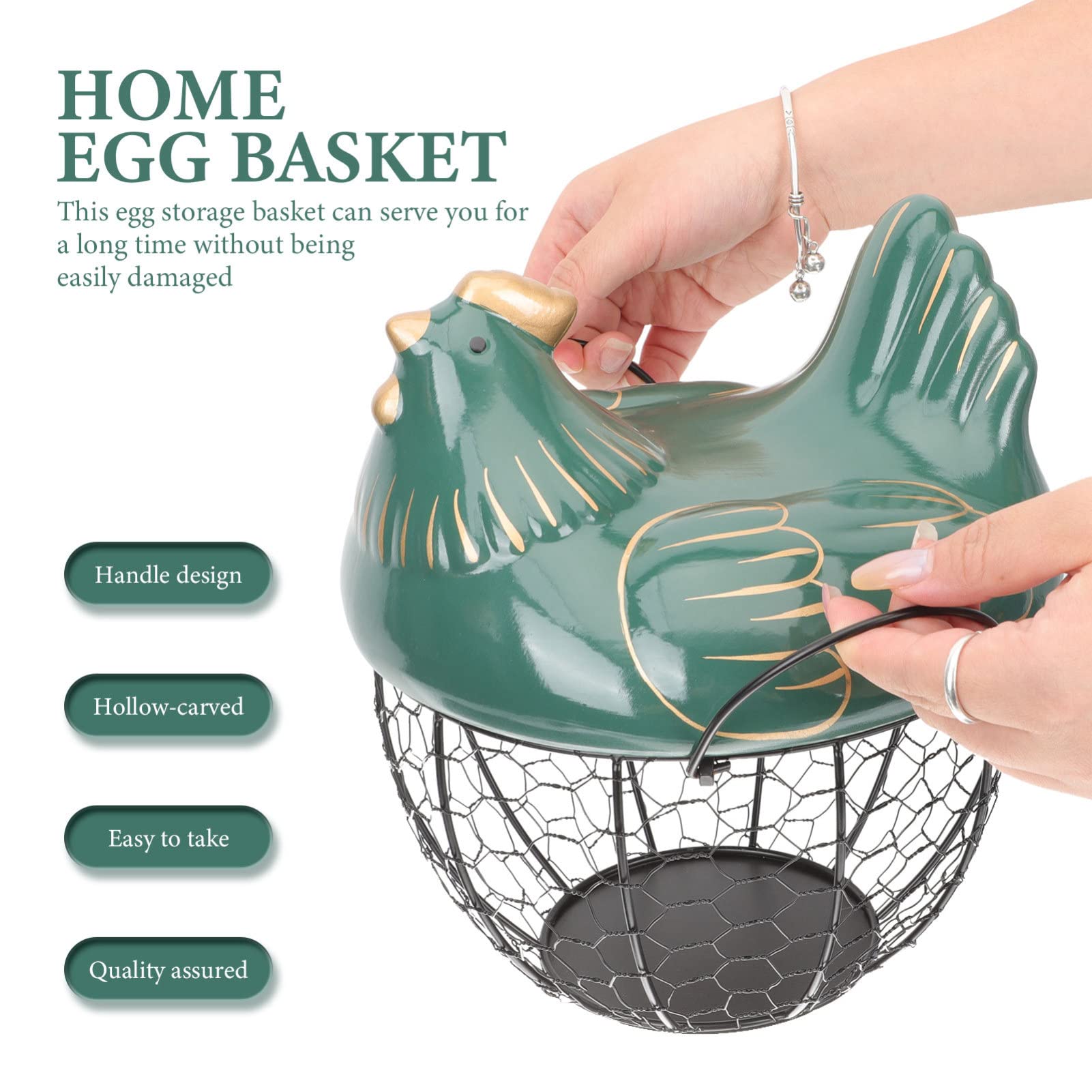 Cabilock Chicken Wire Egg Baskets Kitchen Storage Metal Wire Egg Basket with Ceramic Farm Chicken Cover Hen Shaped Eggs Storage Basket Fruits Basket Egg Organizer Case Container Black Green