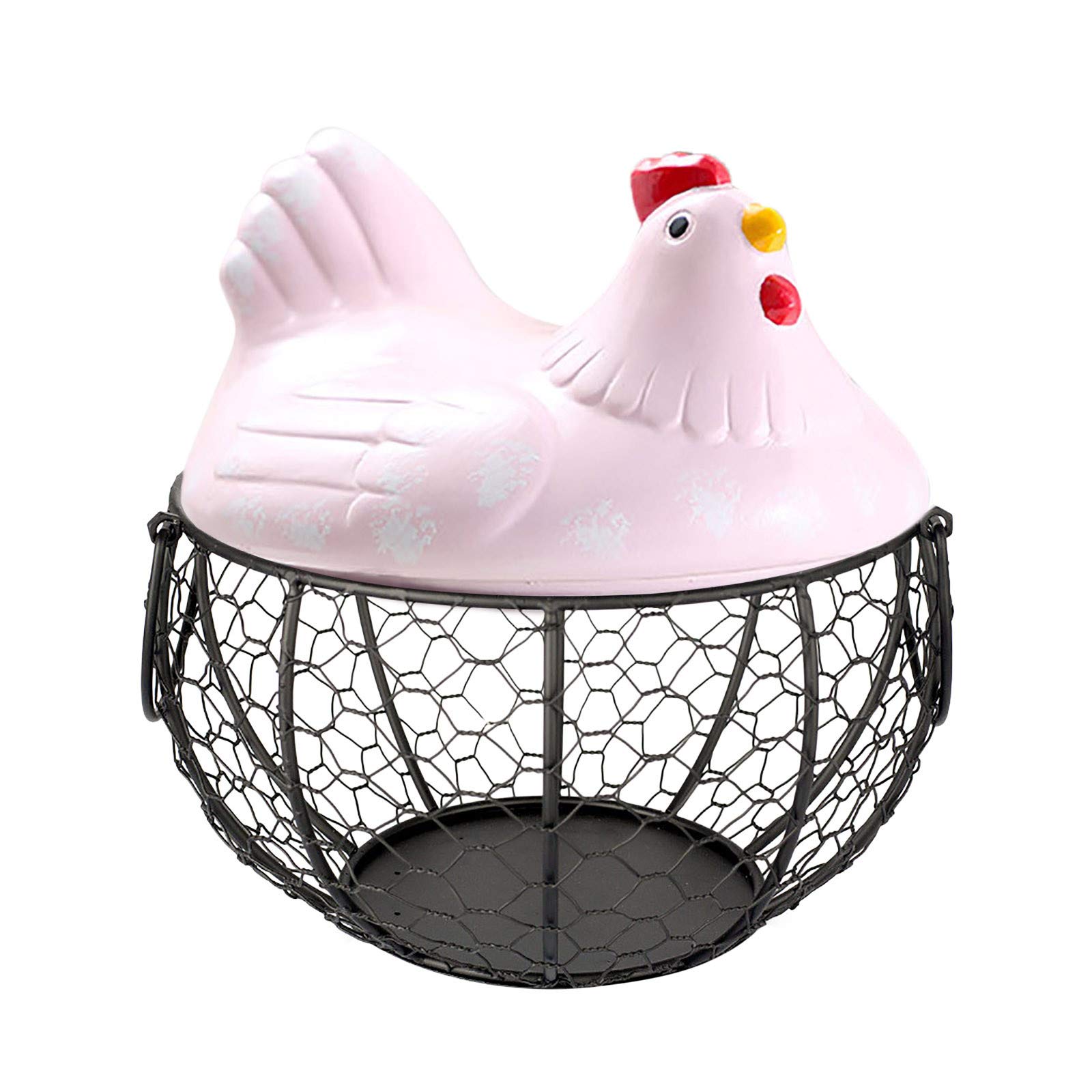 Qube Eggs Basket,Eggs Storage Iron Basket with Ceramic Chicken Lid, Metal Wire Hen Egg Basket Container,Eggs Holder Box for Storing Fruits, Vegetables (Pink), 20 x 15 x 7.3 cm