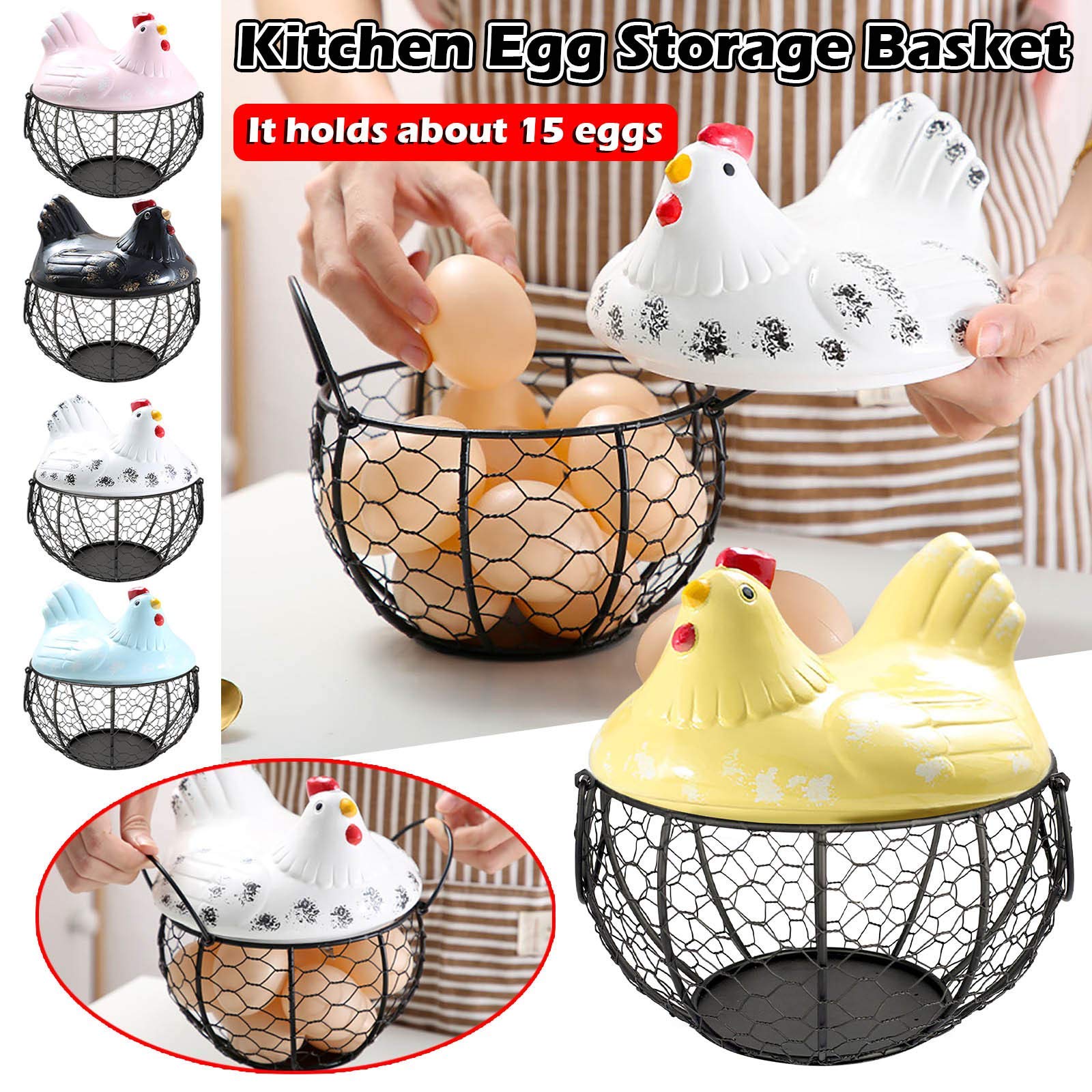 Qube Eggs Basket,Eggs Storage Iron Basket with Ceramic Chicken Lid, Metal Wire Hen Egg Basket Container,Eggs Holder Box for Storing Fruits, Vegetables (Pink), 20 x 15 x 7.3 cm