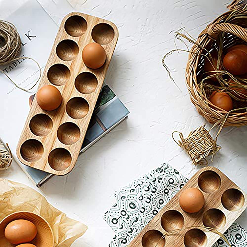 Faym Wooden Bamboo Egg Holder for Countertop or Refrigerator Great for Storage and Display Holds 12 Eggs Egg Tray Wooden Egg Skelter Deviled Egg Holder 12 Holes Egg Plate