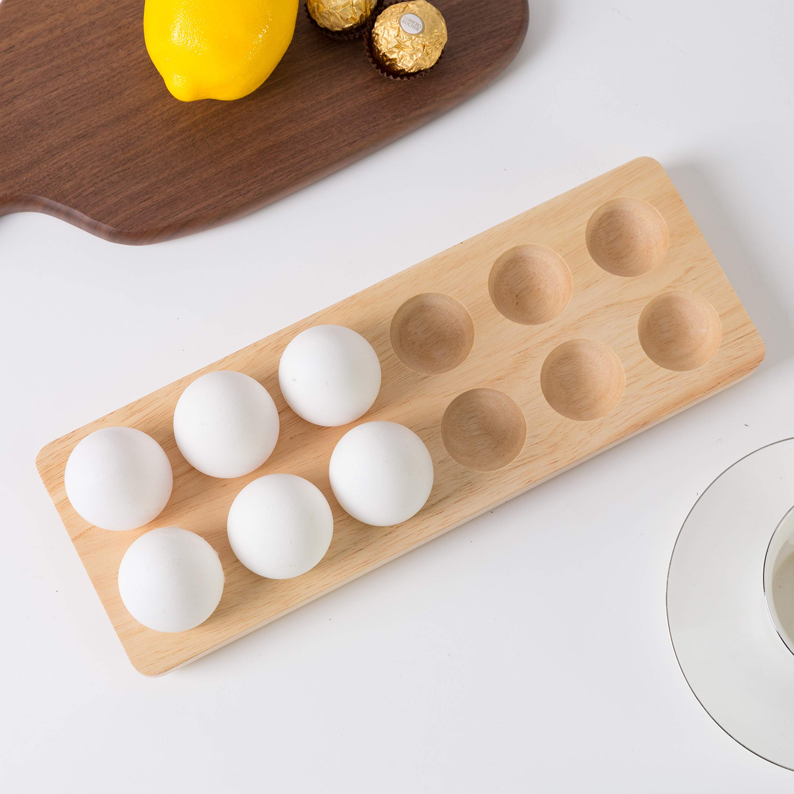 Wooden Egg Tray, Rubber Wooden Egg Holder, 12 Egg Holes for Display or Storage in ​Kitchen Refrigerator