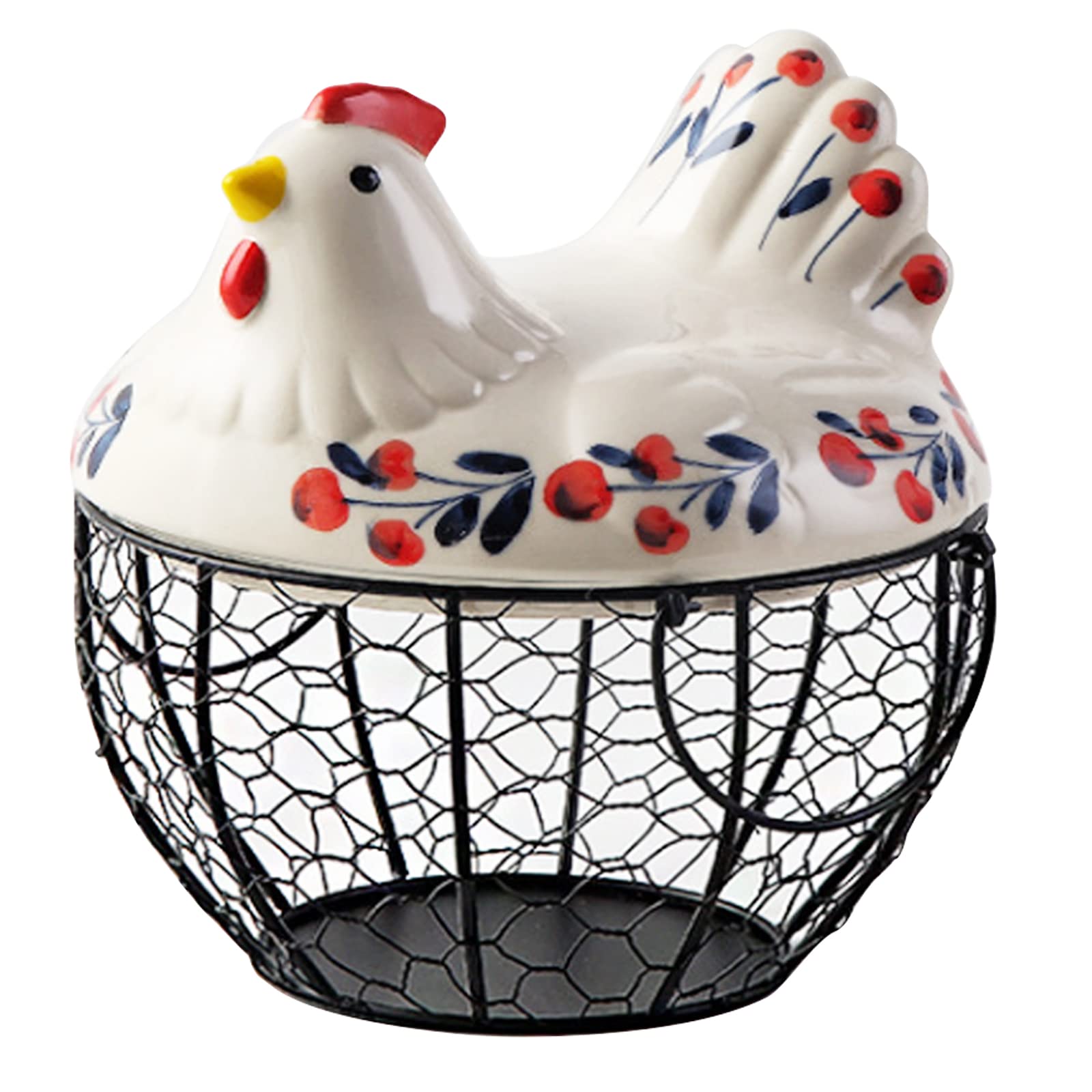 ANXVERS Creative Ceramic Egg Basket, Metal Net Basket, Egg Storage Basket, White Ceramic Decorative Chicken Top and Metal Handle, Fruit and Potato Storage Basket, Kitchen Decoration