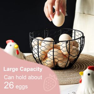 ANXVERS Creative Ceramic Egg Basket, Metal Net Basket, Egg Storage Basket, White Ceramic Decorative Chicken Top and Metal Handle, Fruit and Potato Storage Basket, Kitchen Decoration