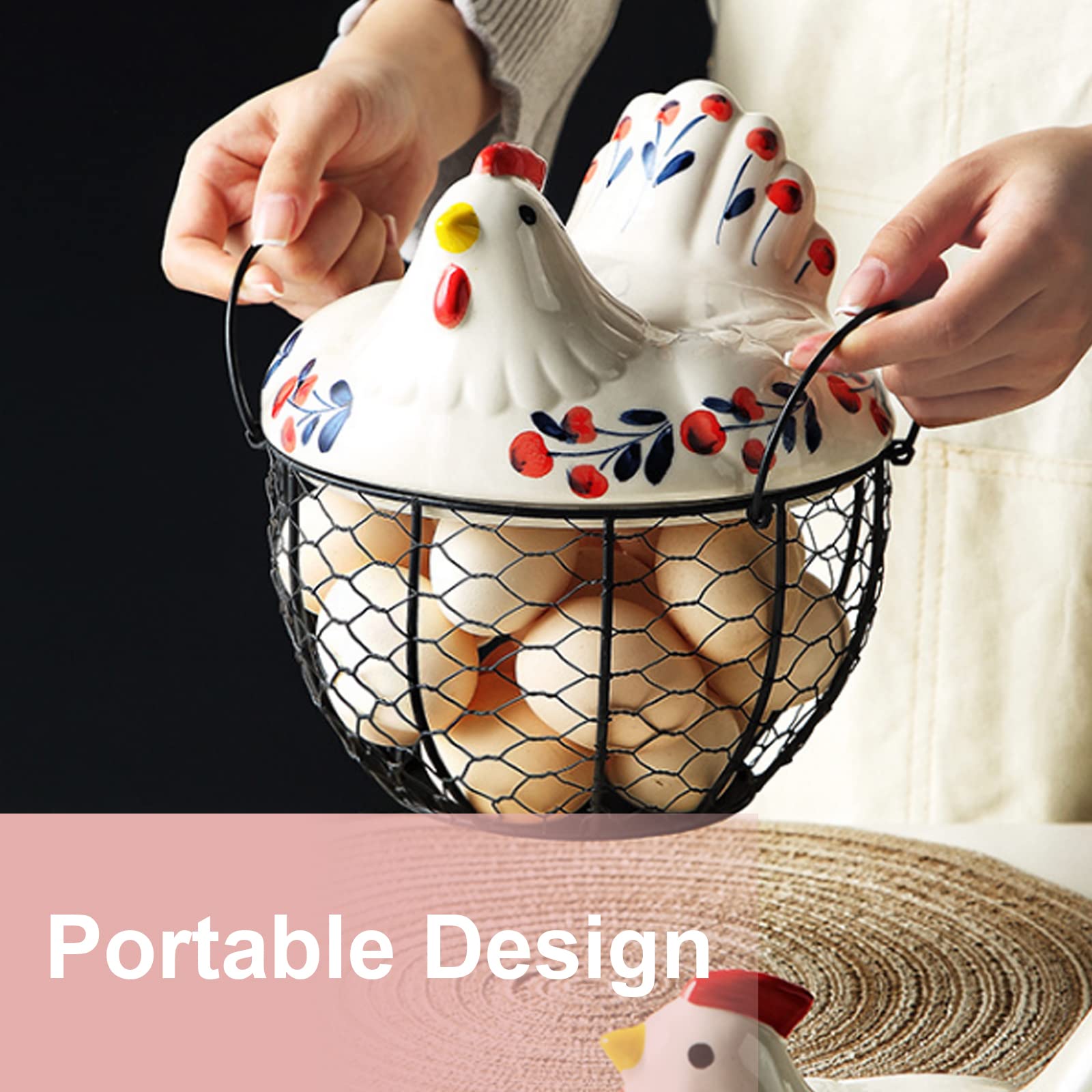 ANXVERS Creative Ceramic Egg Basket, Metal Net Basket, Egg Storage Basket, White Ceramic Decorative Chicken Top and Metal Handle, Fruit and Potato Storage Basket, Kitchen Decoration