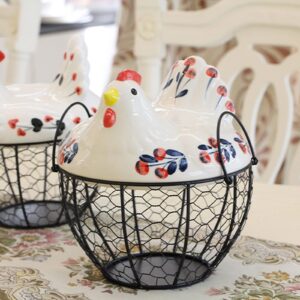 ANXVERS Creative Ceramic Egg Basket, Metal Net Basket, Egg Storage Basket, White Ceramic Decorative Chicken Top and Metal Handle, Fruit and Potato Storage Basket, Kitchen Decoration