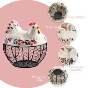 ANXVERS Creative Ceramic Egg Basket, Metal Net Basket, Egg Storage Basket, White Ceramic Decorative Chicken Top and Metal Handle, Fruit and Potato Storage Basket, Kitchen Decoration