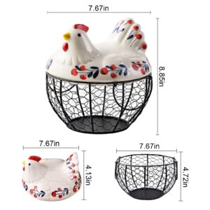 ANXVERS Creative Ceramic Egg Basket, Metal Net Basket, Egg Storage Basket, White Ceramic Decorative Chicken Top and Metal Handle, Fruit and Potato Storage Basket, Kitchen Decoration