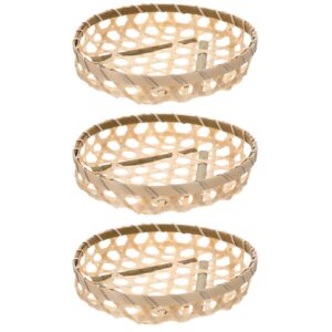 hemoton 3pcs bamboo woven basket flat wicker round egg basket natural handmade food vegetables fruits storage shallow tray organizer holder bowl for home kitchen