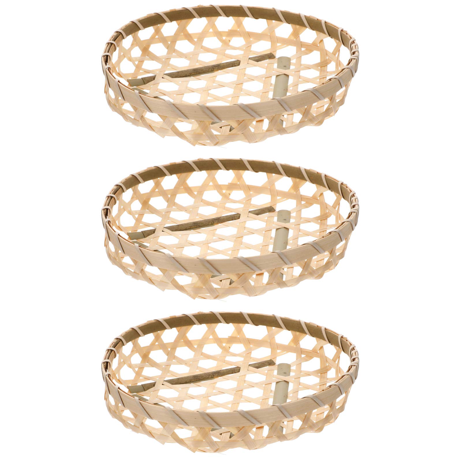 Hemoton 3PCS Bamboo Woven Basket Flat Wicker Round Egg Basket Natural Handmade Food Vegetables Fruits Storage Shallow Tray Organizer Holder Bowl for Home Kitchen