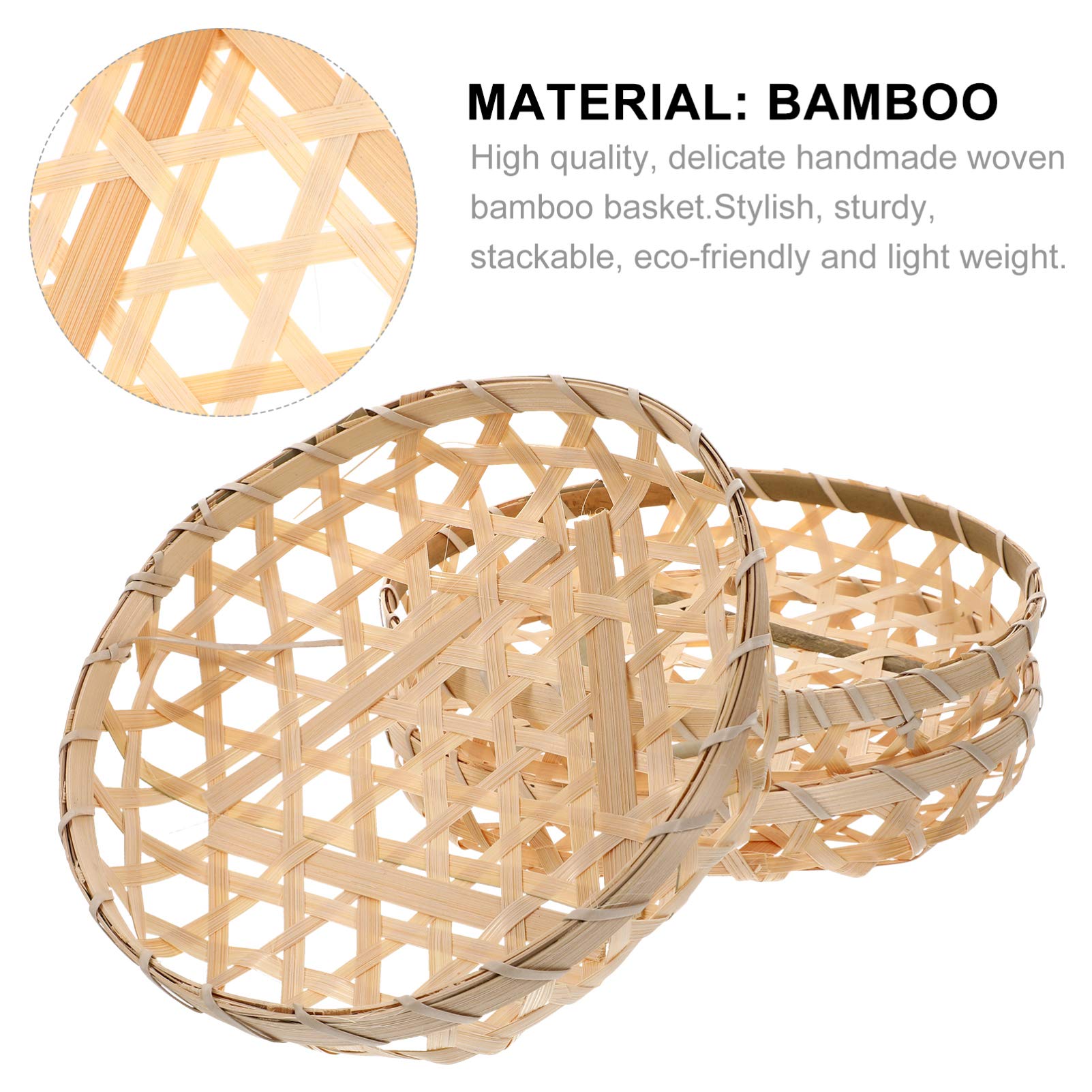 Hemoton 3PCS Bamboo Woven Basket Flat Wicker Round Egg Basket Natural Handmade Food Vegetables Fruits Storage Shallow Tray Organizer Holder Bowl for Home Kitchen