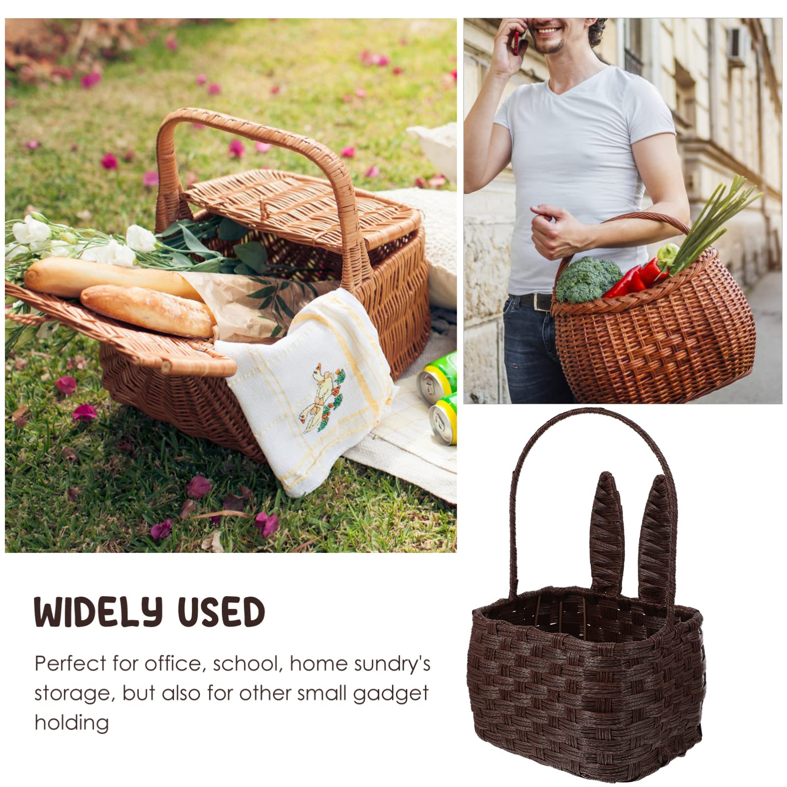 Easter Rattan Basket with Handle Easter Bunny Ear Tote Bag for Eggs Portable Basket Candy Bag for Easter Days Holiday Mini Picnic Wine Woven Gift Basket Coffee