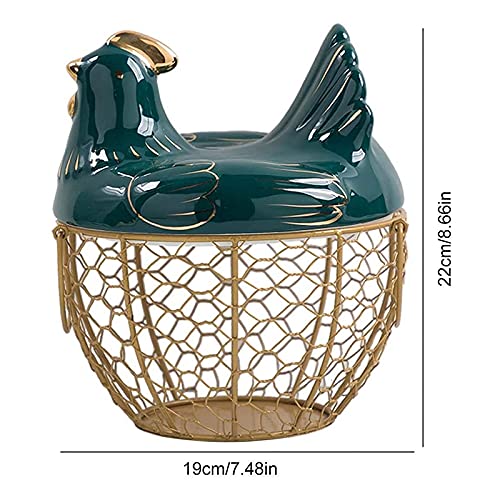 Egg Basket Metal Wire Fruit Basket with Chicken Shape Lid Ceramic Egg Holder, Holds 30 Eggs