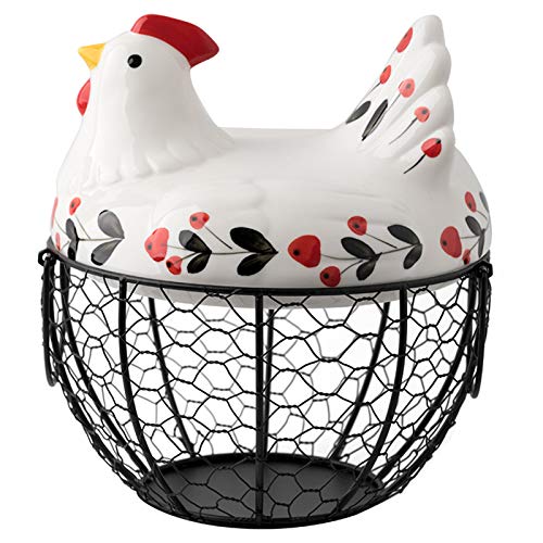 SURVEEL Black Wire Egg Storage Basket with Ceramic Chicken Shaped Top Egg Basket with Handles for Fresh Eggs Cute Chicken Kitchen Home Décor