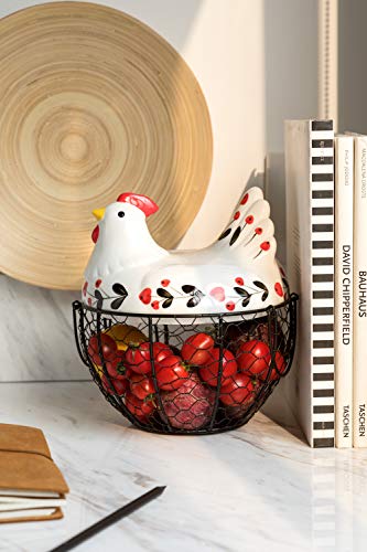 SURVEEL Black Wire Egg Storage Basket with Ceramic Chicken Shaped Top Egg Basket with Handles for Fresh Eggs Cute Chicken Kitchen Home Décor