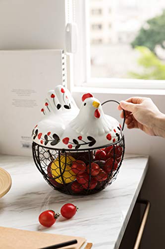 SURVEEL Black Wire Egg Storage Basket with Ceramic Chicken Shaped Top Egg Basket with Handles for Fresh Eggs Cute Chicken Kitchen Home Décor