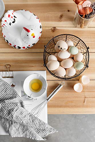 SURVEEL Black Wire Egg Storage Basket with Ceramic Chicken Shaped Top Egg Basket with Handles for Fresh Eggs Cute Chicken Kitchen Home Décor