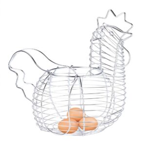 BESTonZON Chicken Shaped Metal Wire Egg Baskets, Rustic Round Baskets for Fresh Eggs, Vintage Storage Egg Collecting Basket, Silver