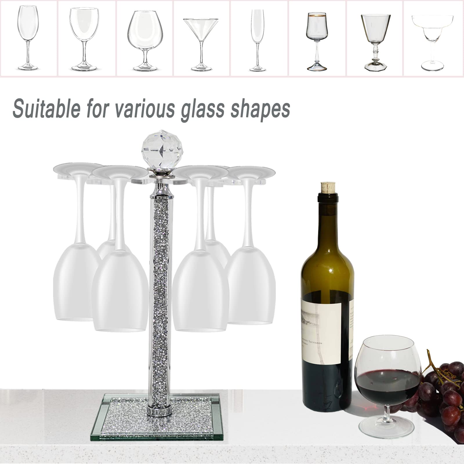 HMRCYTE Crystal Wine Glass Holder, 14" H Silver Wine Glass Rack, Crushed Diamond Home Decor, 6 Hook Freestanding Countertop Stemware Rack, Cup Drying Storage Holder for Kitchen Dinning Table Bar