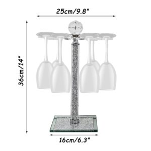 HMRCYTE Crystal Wine Glass Holder, 14" H Silver Wine Glass Rack, Crushed Diamond Home Decor, 6 Hook Freestanding Countertop Stemware Rack, Cup Drying Storage Holder for Kitchen Dinning Table Bar