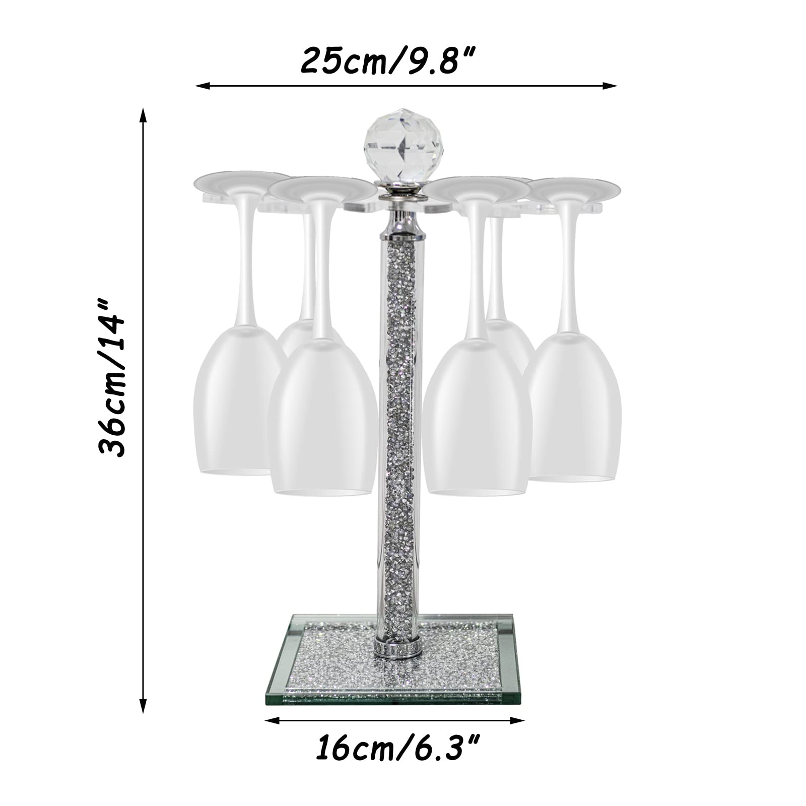 HMRCYTE Crystal Wine Glass Holder, 14" H Silver Wine Glass Rack, Crushed Diamond Home Decor, 6 Hook Freestanding Countertop Stemware Rack, Cup Drying Storage Holder for Kitchen Dinning Table Bar