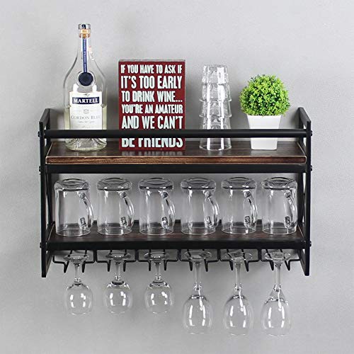 Weven Wine Rack Stemware Glass Rack,Industrial 24in 2-Tier Wood Shelf,Wall Mounted Wine Racks with 6 Glass Holder for Wine Glasses,Mugs,Home Decor,Rustic Black